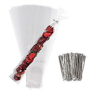 HAPY SHOP Clear Cellophane Treat Bags,300 PCS Plastic Treat Bags Pretzel Bags for Chocolate Candies Pretzel Cookies Party Favor Gift Bags with 300 PCS Silver Twist Ties (2.4 by 12 Inch)
