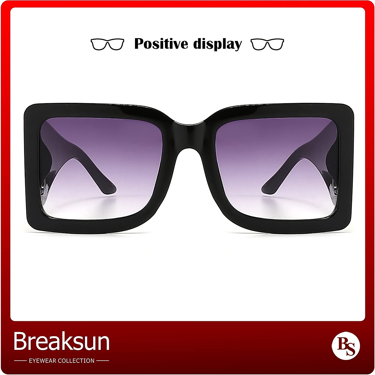 Breaksun Fashion Big Square Sunglasses for Women Men Classic Black Luxury Designer Sun Glasses Thick Frame Gradient Tint (Black/Grey/Black Character)