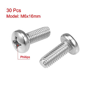 uxcell M6x16mm Machine Screws Pan Phillips Cross Head Screw 304 Stainless Steel Fasteners Bolts 30Pcs