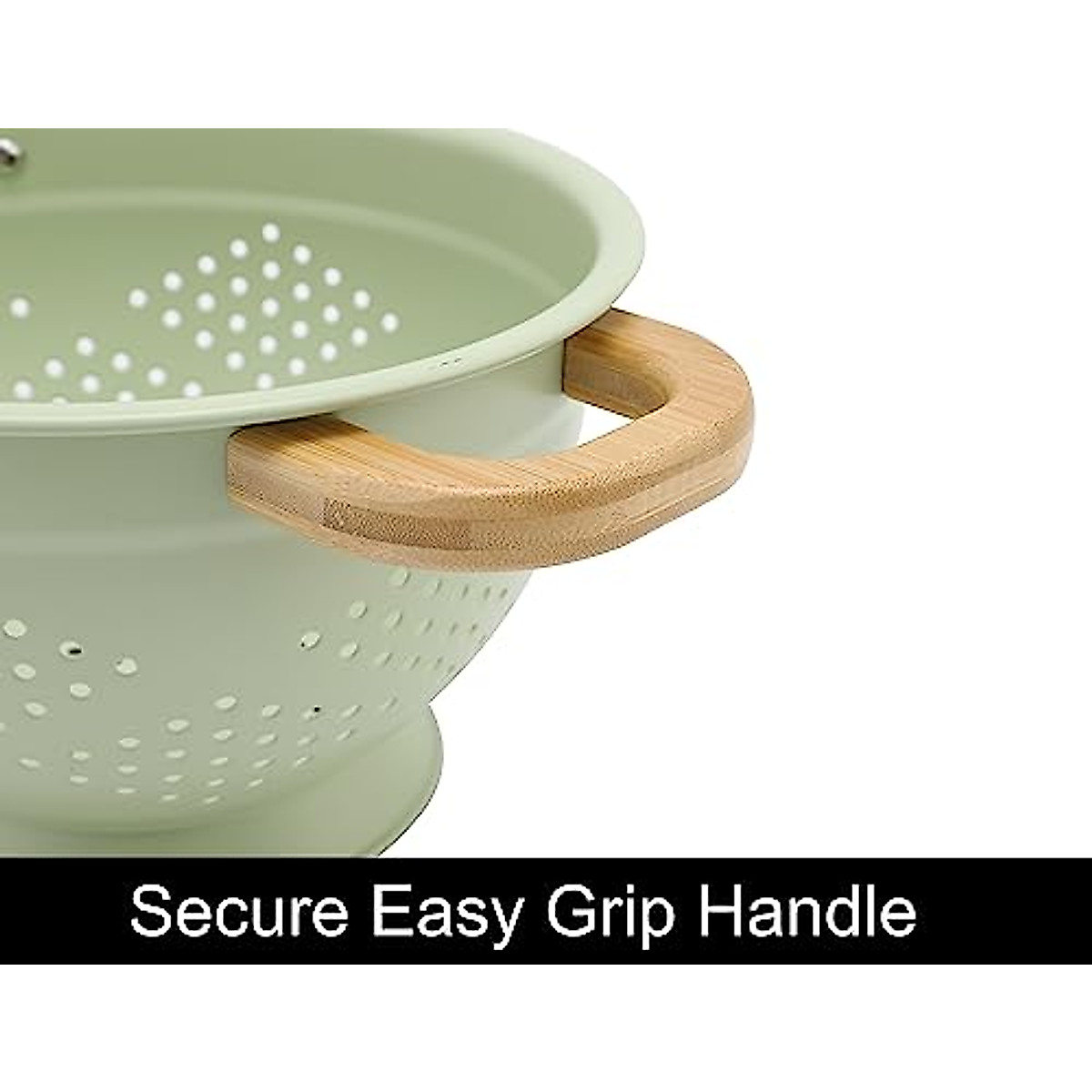 Molomax Metal Colander with Wood Handle | Set of 3 with Bamboo Handles | 1.5Q, 3Q, 5Q (Sage Leaf Green)