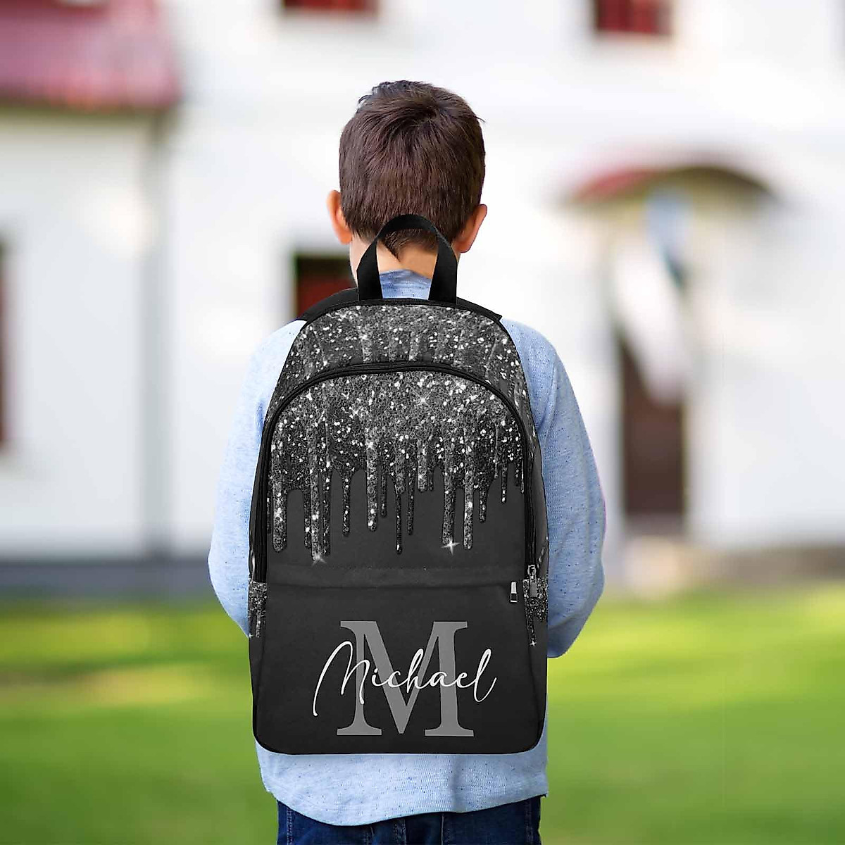 Custom Name Backpack Bag for Boys Girls Son, Personalized Black Glitter Sparkle Drip with Initial Schoolbag Casual Backpack Customized Bookbag for Kids Unisex Back School Camping Hiking Travel