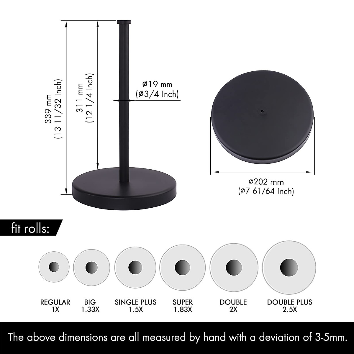 KES Matte Black Paper Towel Holder Countertop, Kitchen Paper Roll Holder Stand with Weighted Base Heavy for Standard or Gaint Rolls SUS304 Stainless Steel Matte Black, KPH202-BK