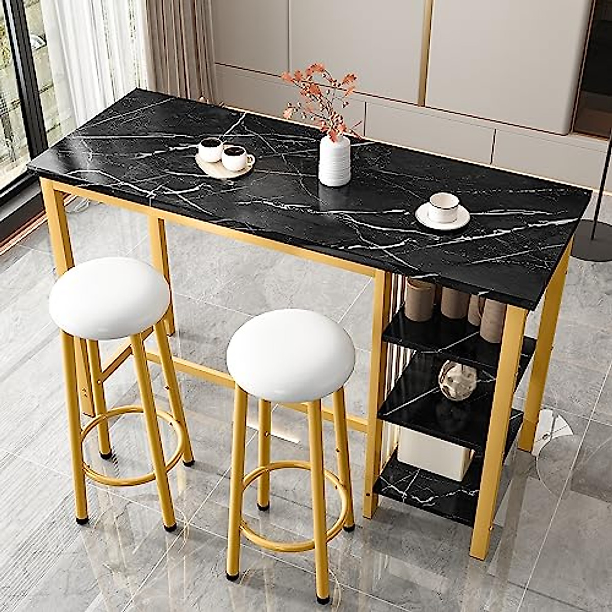 AWQM Home Bar Table Set of 2 with Storage Shelves, 47" Black Faux Marble Dining Set with Upholstered Leather Bar Height Stools, 3-Piece Kitchen Table for 2 People, Space Saving Table (Black & Gold)