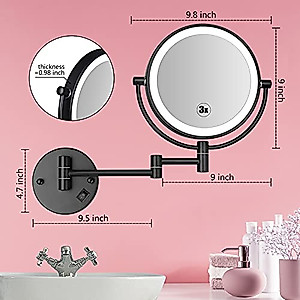 SanaWell Makeup Mirror with Lights and Magnification 3X/1X, 8 Inch Double Sided Wall Mounted Mirror [One Button Switch], Extendable Arm 360° Swivel Vanity Mirror Powered by Plug-in AC Cord (Black)