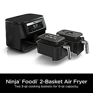 Ninja DZ090 Foodi 6 Quart 5-in-1 DualZone 2-Basket Air Fryer with 2 Independent Frying Baskets, Match Cook & Smart Finish to Roast, Bake, Dehydrate & More for Quick Snacks & Small Meals, Black (Renewed)
