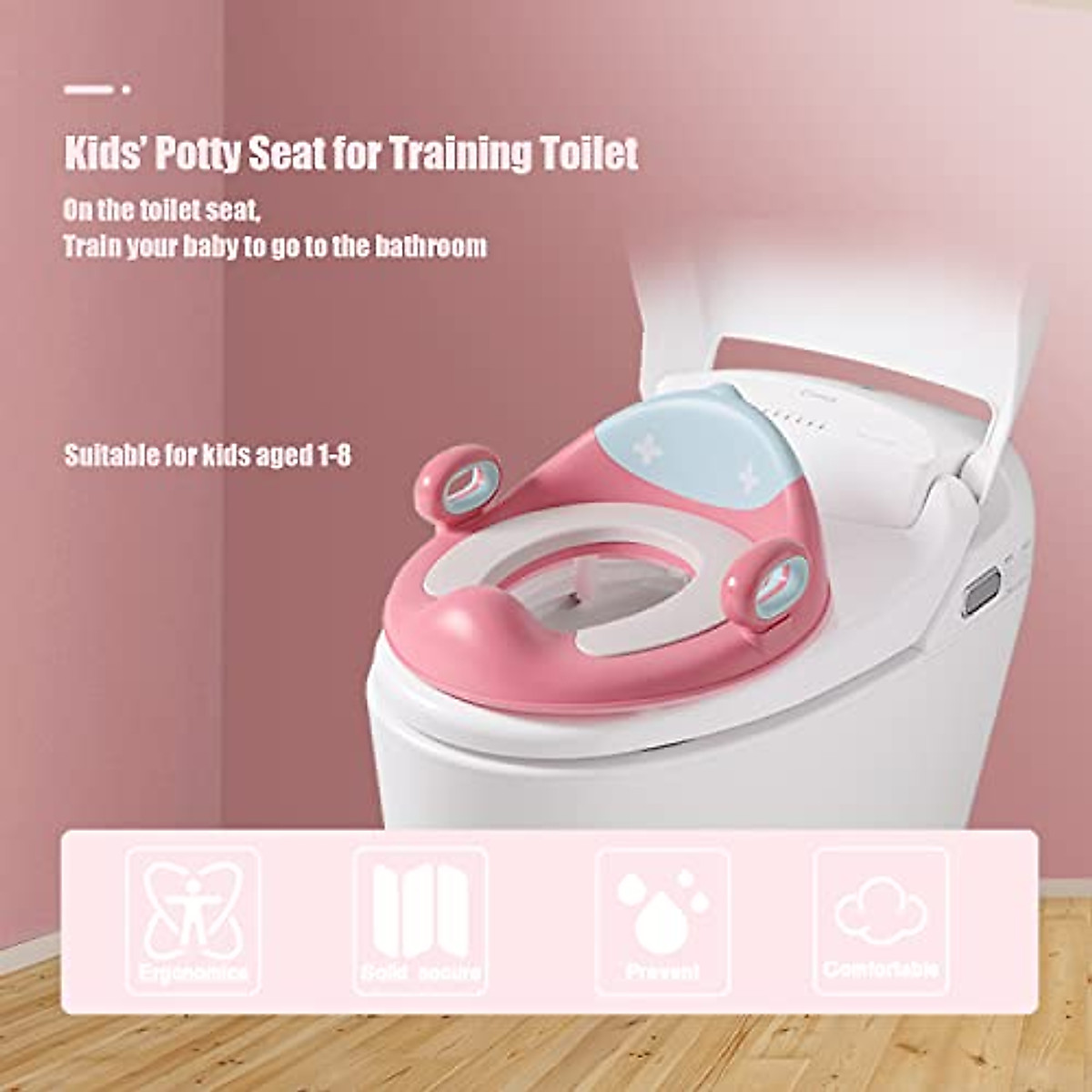 Potty Training Seat with Soft PU Cushion Handles Backrest Splash Guard for Toddlers Kids Boys Girls (pink)