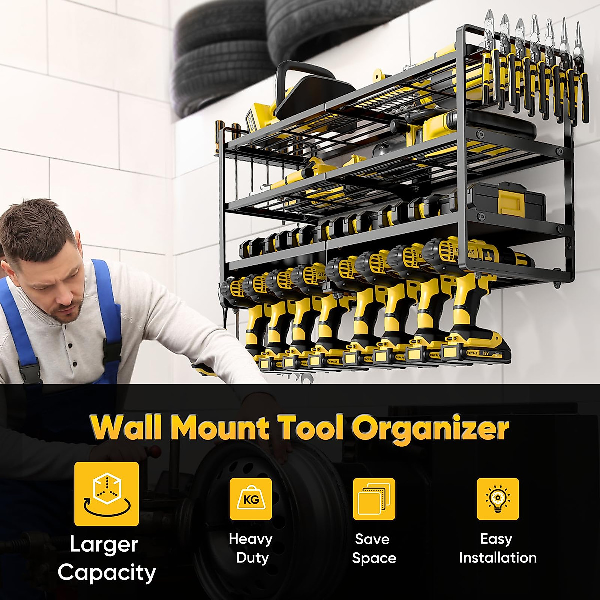 POKIPO Large Power Tool Organizer Wall Mount, Heavy Duty Widen 8 Drill Holder, 4 Layers Cordless Tool Storage Rack, Utility Racks Shelf for Garage