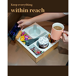 Hitseon Couch Cup Holder Tray, Handy Silicone Bamboo Couch Caddy with Rotatable Phone Holder for Bed Car Seat Organizer, Waterproof Anti-spill Sofa Cup Holder for Snacks Beverage Remote (Gray)