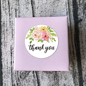 Mr.Mug Floral Thank You Stickers, 2" Round, 50 Pink & Green Labels Paper, Permanent Adhesive, for Small Business Owners, Wedding, Birthday Party Favors, Gift Box