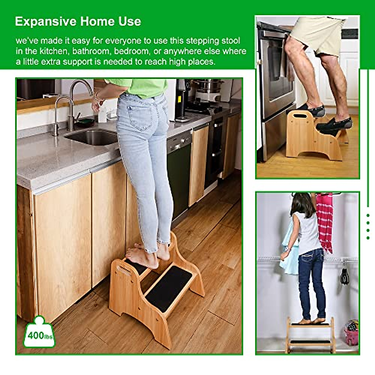 StrongTek Wooden 2 Step Stools for Kids, Toddler with Non-Slip Stepping Surface, Portable Stool with Handles for Bathroom Kitchen and Bedroom, 400 lbs Capacity (Natural)