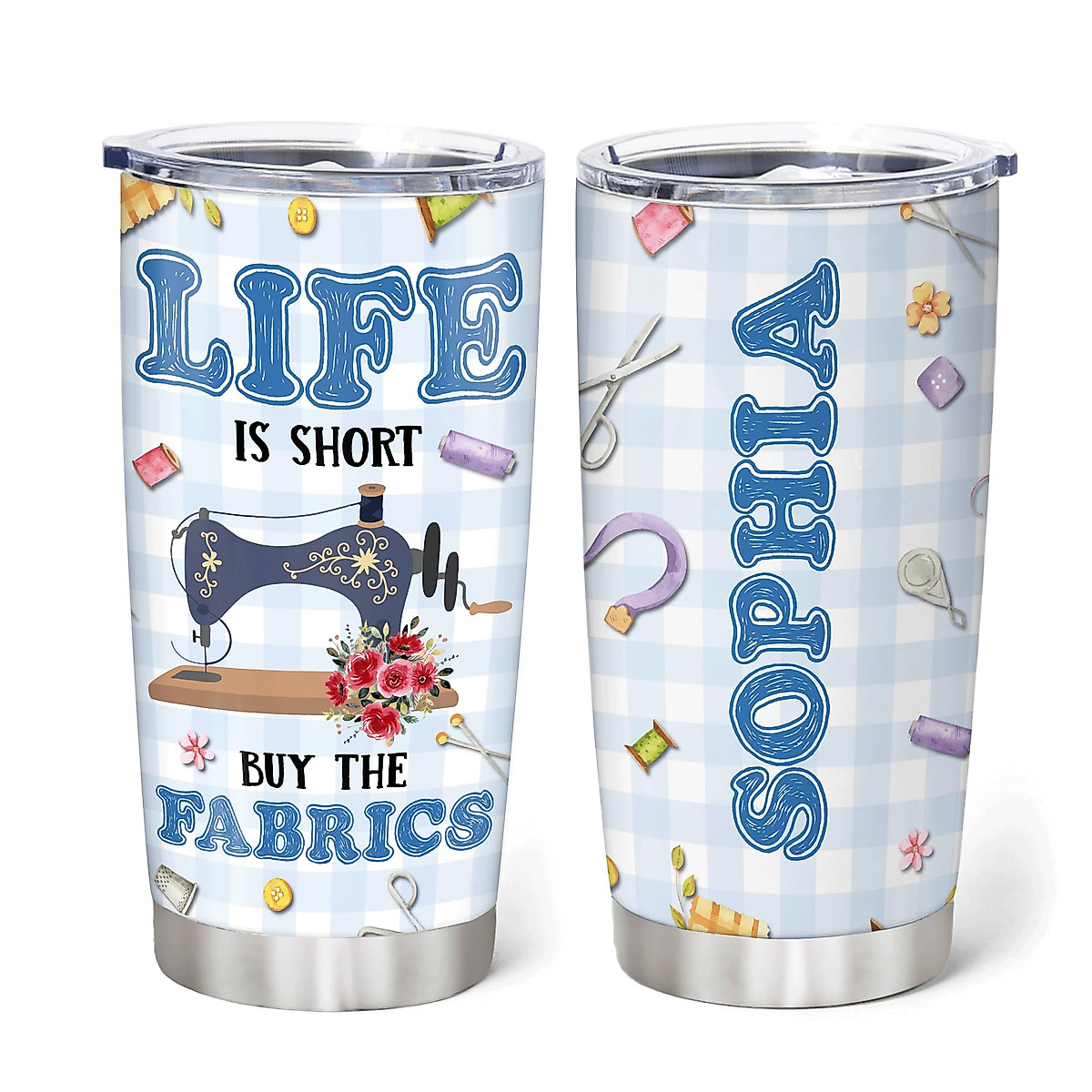 Hyturtle Personalized Gifts For Sewing Lover - Life Is Short Buy The Fabrics Custom Name Stainless Steel Tumbler 20 oz With Lid - Idea Quilting Lover Gifts For Women, Girl On Birthday, Christmas