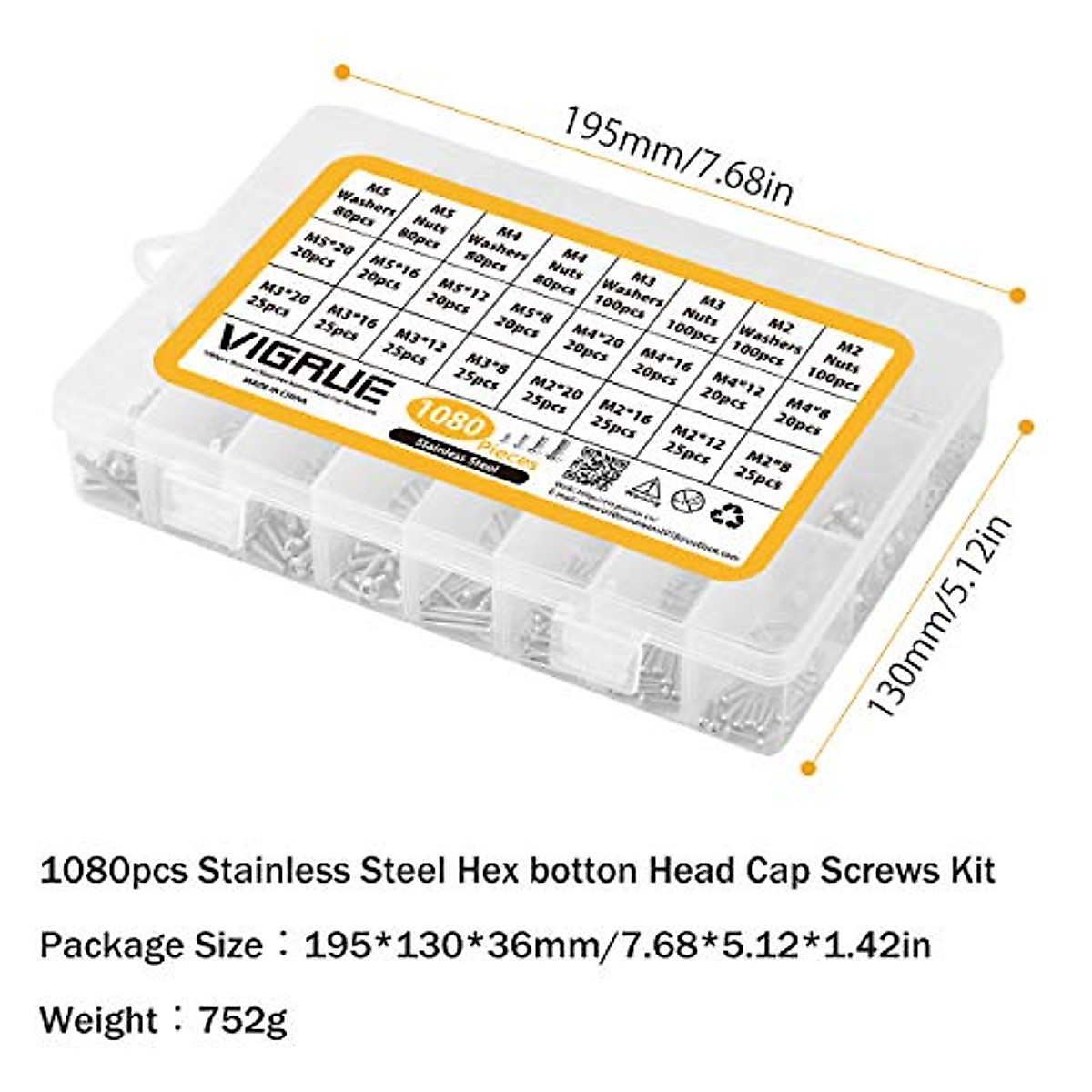 VIGRUE M5 M4 M3 M2 Metric Screws Bolts Nuts Washers Assortment Set with Allen Wrench 1080Pcs Hex Button Head Socket Cap Screws Stainless Steel, Small Bolts and Nuts Assortment Kit