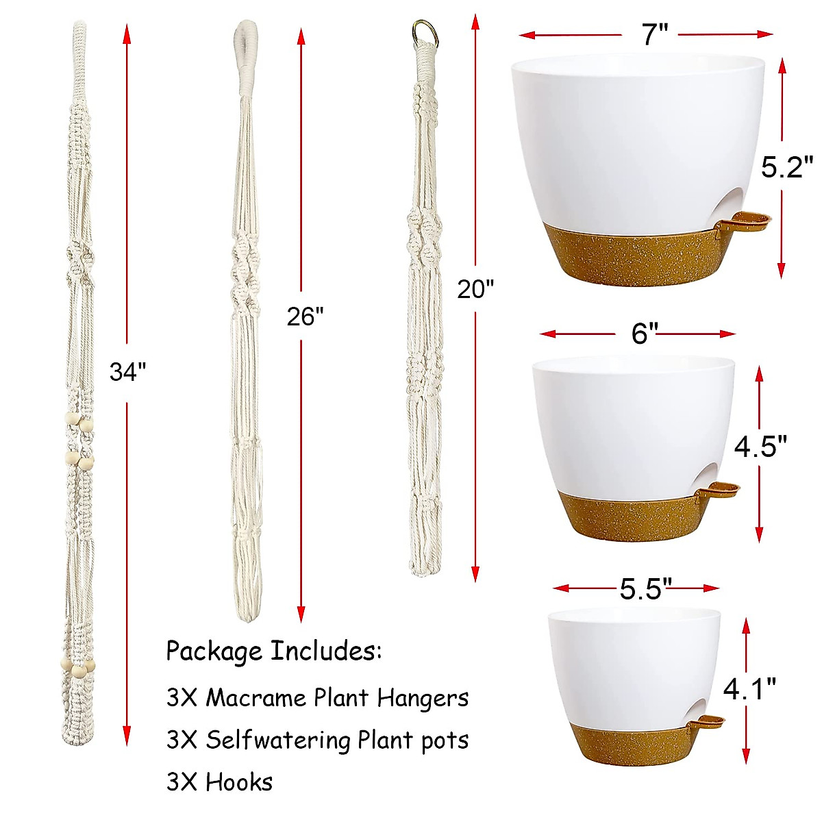 Bouqlife Hanging Planters with Macrame Plant Hangers for Indoor Outdoor Plants 3 Set Self Watering Pots Hanging Baskets Flower Pot Holders 3 Different Size