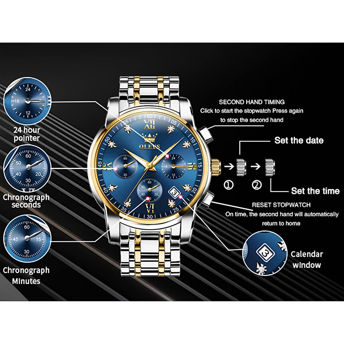 Black Watch for Men OLEVS Watch Men Stainless Steel Watches Waterproof Luxury Business Dress Mens Watches Quartz Analog Classic Big Large Face Watches Black Dial with Day and Date,relojes para hombres