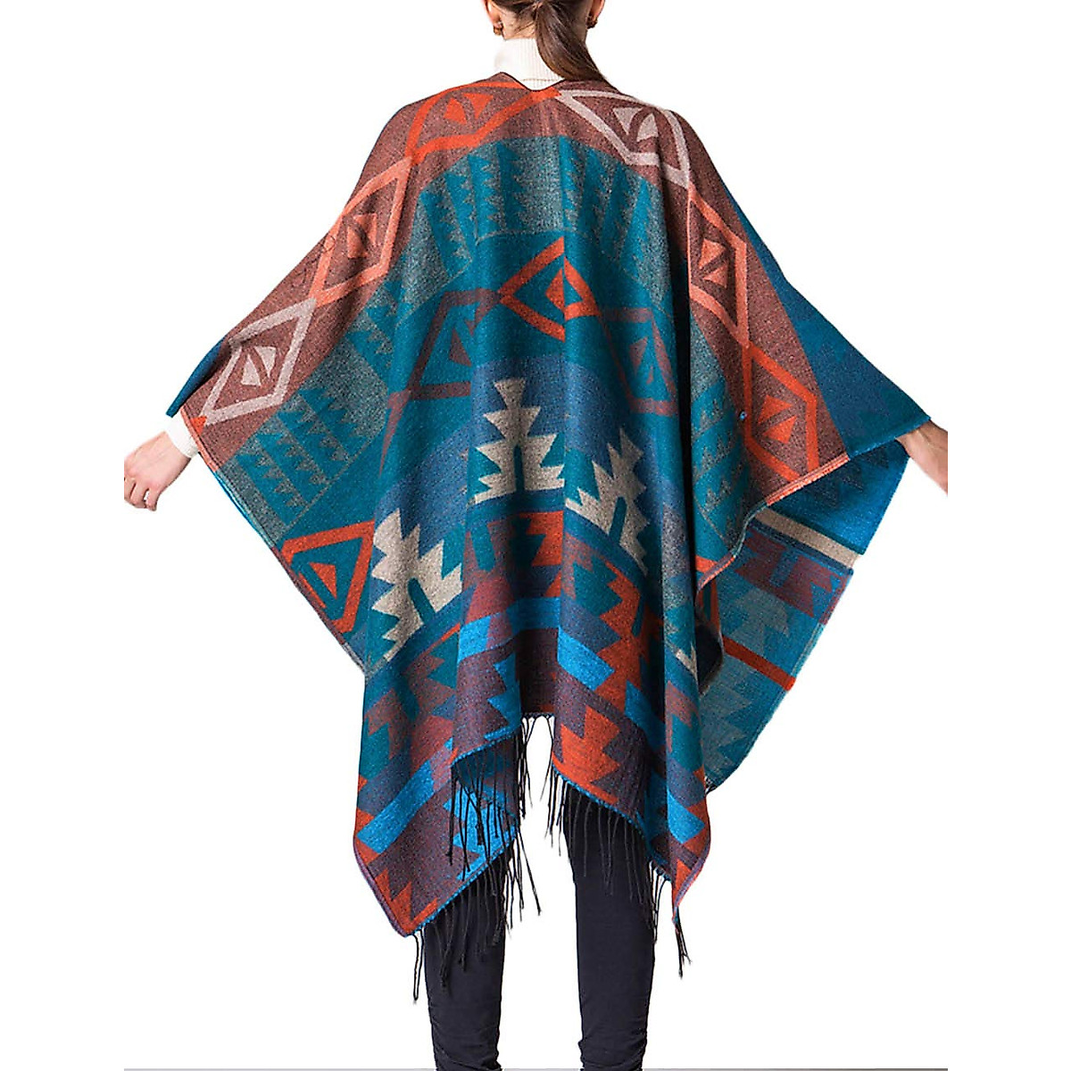xxxiticat Women's Native American Trendy Cashmere Plaid Pattern Wrap Shawl Cardigan Poncho Cape Scarf(BE) Blue
