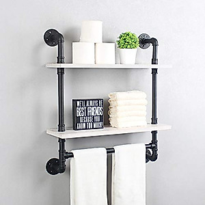 Industrial Pipe Bathroom Shelves 2-Tier Wall Mounted,24" Rustic Wall Shelf with Bath Towel Bars,Farmhouse Towel Rack,Metal & Wooden Floating Shelves,Over The Toilet Storage Shelf,White & Black