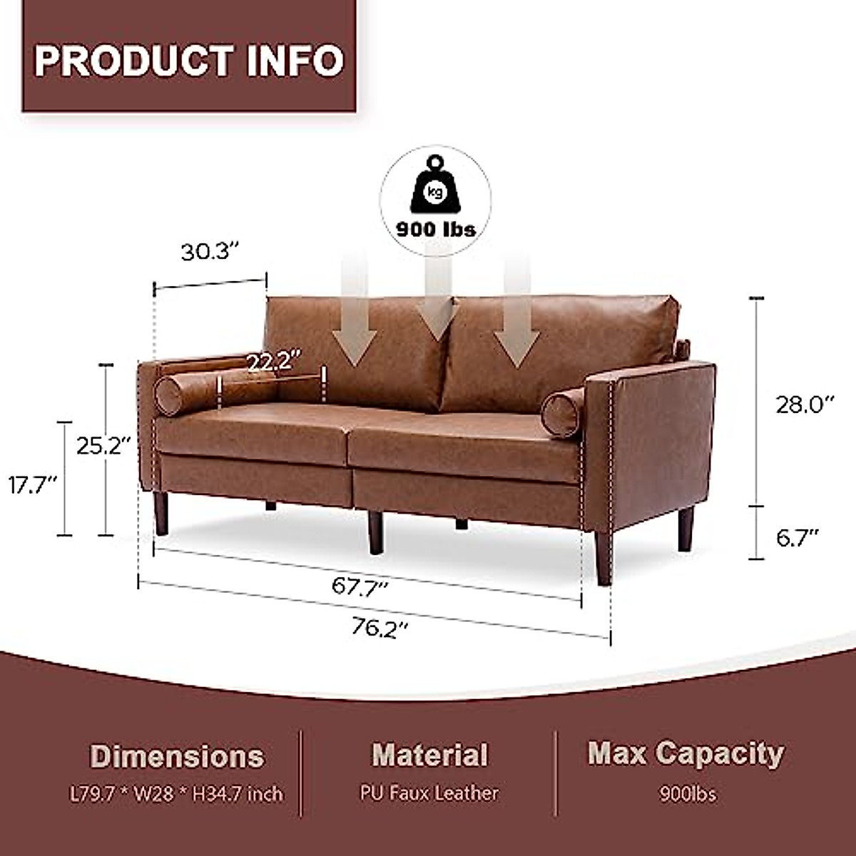 DIFY 77” Mid-Century Modern Loveseat Couch, Leather Faux Sofa with Two Upholstered Cushions, Comfortable Couch with Wooden Frame and 3 Seater, for Living Room, Bedroom, Office(Brown)