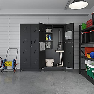 Metal Garage Storage Cabinet, Cleaning Tool Storage Cabinet, Multifunctional Garage Storage Broom Closet with Doors, Handing Rod (Black, Door-2)