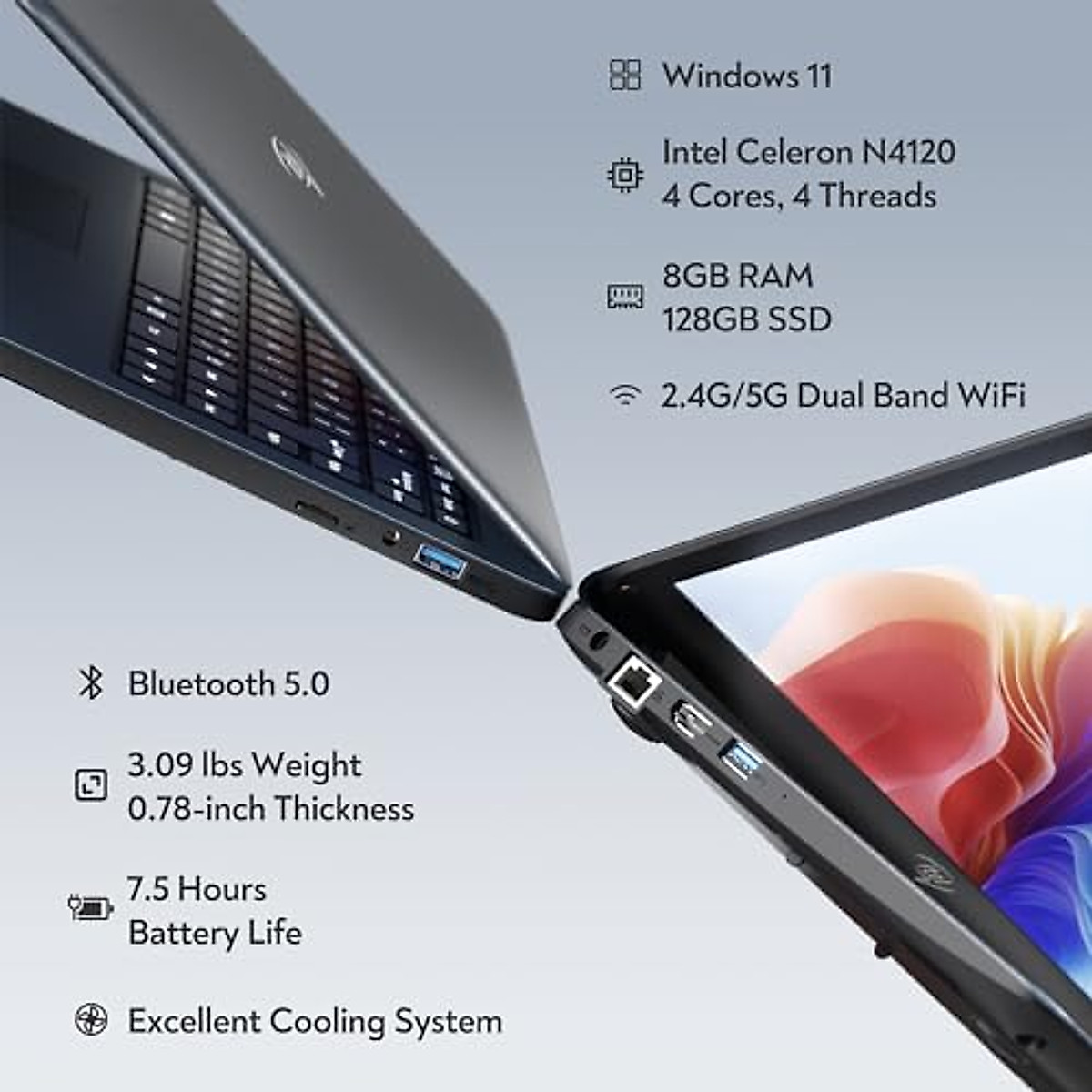 14'' Laptop Computer, Quad-Core Intel Celeron N4120 Processors, 8GB RAM, 128GB SSD, Intel UHD Graphics 600 Windows 11 Laptops Computers, Ultra Slim, Long Battery Life, 2.4G/5G WiFi, BT 4.2, HDMI