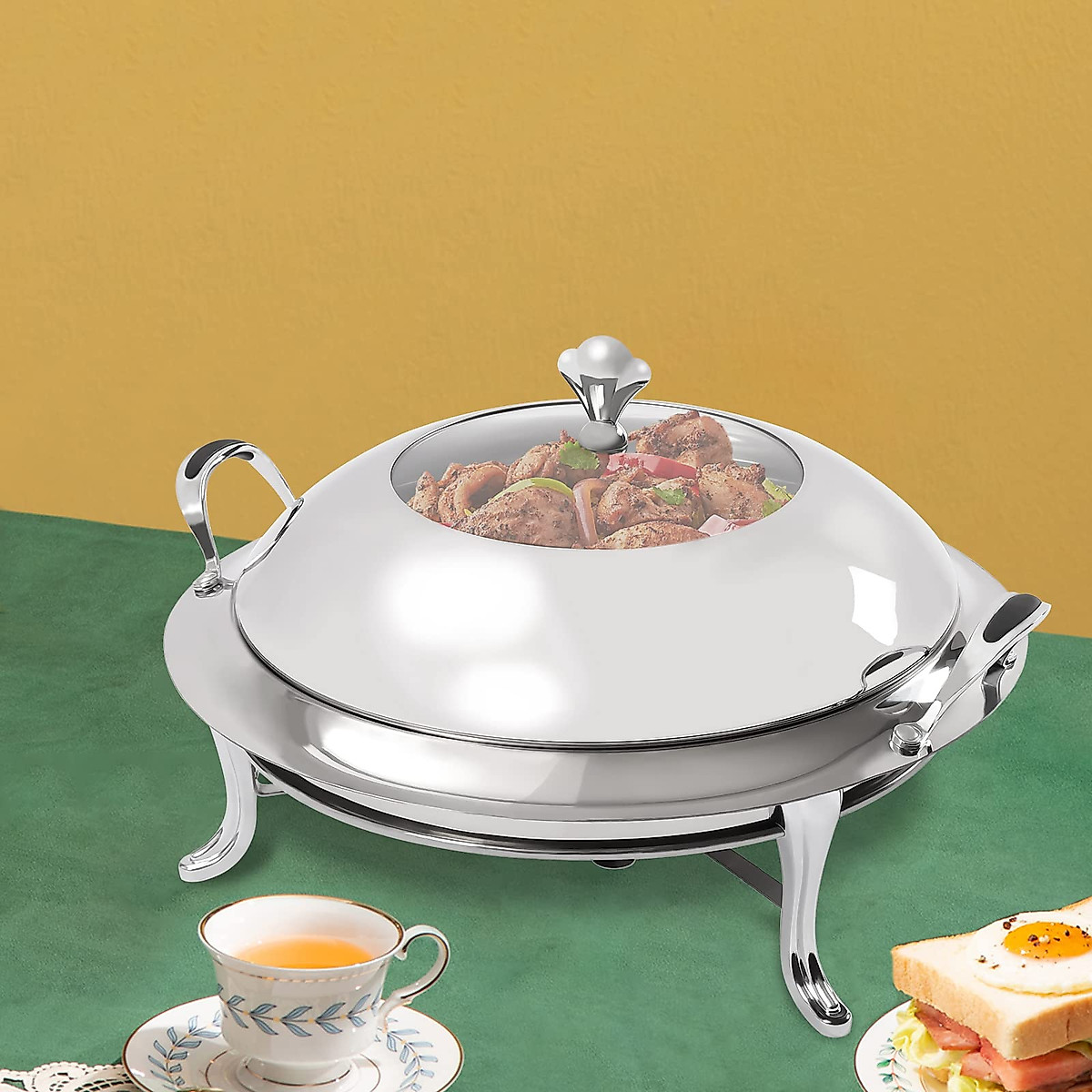 3L Round Chafing Dish Stainless Steel Buffets Servers with Lid and Holder Food Warmers Tray Container for Hotels Restaurants Family Gatherings Party Banquets (Silver)