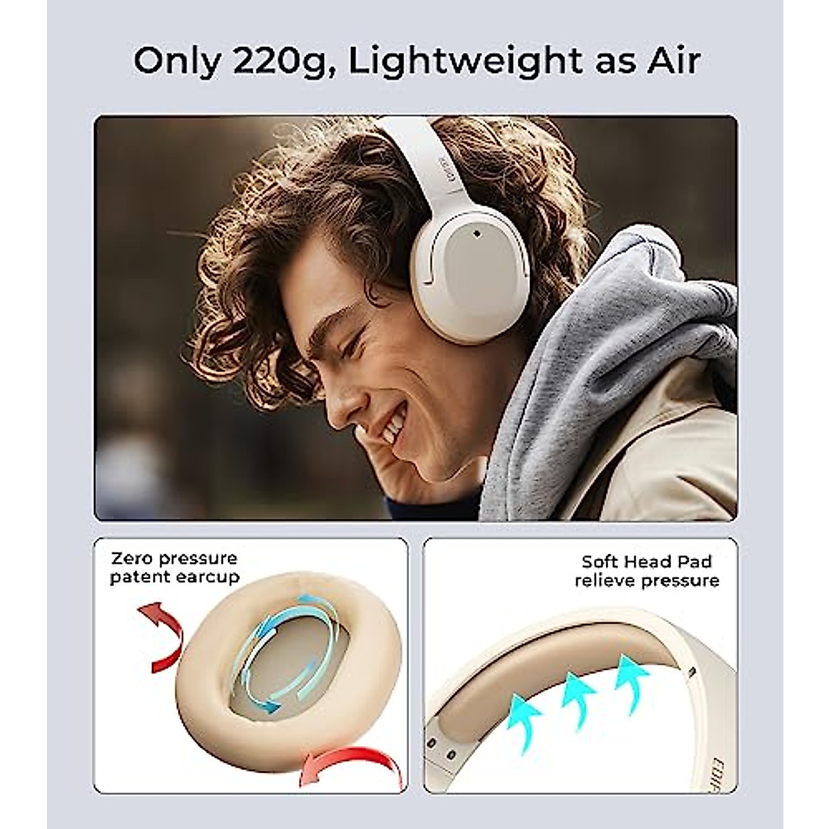 Edifier W820NB Plus Hybrid Active Noise Cancelling Headphones - LDAC Codec - Hi-Res Audio Wireless & Wired - Fast Charge - Over Ear Bluetooth V5.2 Headphones for Travel/Home/Office- Ivory