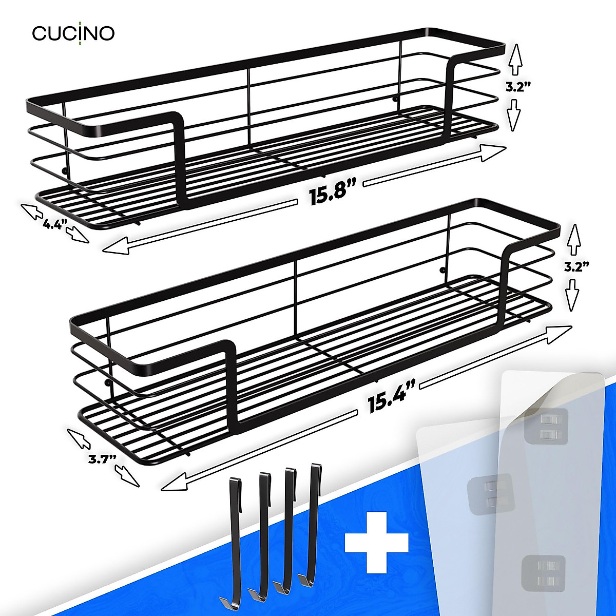 Cucino Extra-Large Shower Caddy 2-Pack - 16-Inch Rust-Resistant Black Shower Shelves for Inside Shower, Adhesive Organizer with 4 Removable Hooks, XL Shower Racks for Inside Shower