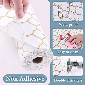 Shelf Liners for Kitchen Cabinets 12in x 20FT Non Adhesive Drawer Liner Gold Quatrefoil Thickened Shelf Liner Paper Strong Non-Slip Easy to Clean for Tool Box Refrigerator with Knife and Tape Measure