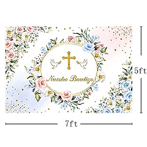 MEHOFOND 7x5ft Nuestro Bautizo Backdrop for Boys and Girls Pastel Pink Blue Floral Baptism First Holy Communion Photography Background Gold Cross Peace Doves Christening Photo Banner