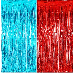 Dr Cat in The Hat Birthday Party Decorations/Thing 1 Thing 2 Party Decorations Dr. Baby Shower Decorations/Nurse Graduation Deorations/Blue Red Fringe Foil Curtains 4pcs