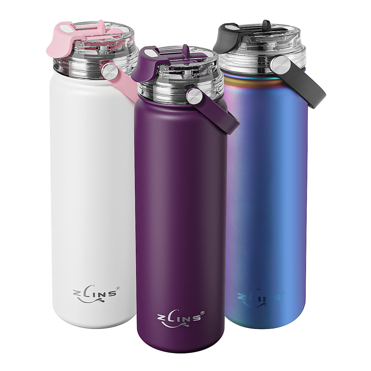 ZLINS 22oz Insulated Water Bottle with Dual Use lid(Straw Sip and Flip Drink), Leak Proof Stainless Steel Thermos Cup for Sports and Travel, Double Walled Vacuum Flask, Keep Cold or Hot(Purple)