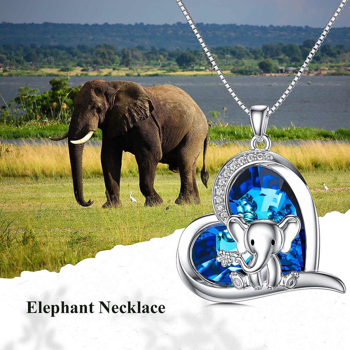 MEIDERBO Elephant Necklace 925 Sterling Silver Crystal Heart Elephant Pendant Necklace Cute Elephant Jewelry Gifts for Women