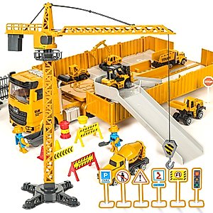 Construction Site Vehicles Toy Set, Kids Engineering Playset, Tractor, Excavator, Crane, Dump Trucks, Cement Mixer, Steamroller, Birthday Gift for 3 4 5 6 7 Year Old Toddlers Boys Children