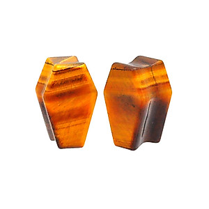 Mystic Metals Body Jewelry Pair of Tiger Eye Stone Coffin Shaped Double Flare Plugs (STN-639) (0g (8mm))