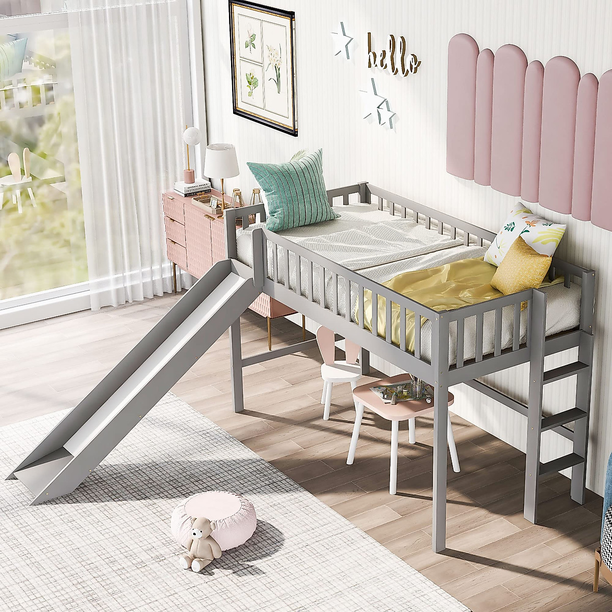 Merax Twin Wood Junior Low Loft Bed Frame with Slide Loft Bed with Full Length Guardrails for Kids Girls Boys,Gray