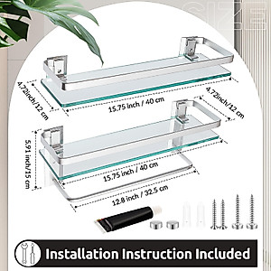 Suzile 2-Pcs Contemporary Bathroom Shelf, 15.7 x 4.72 inches, Floating Shelves with Towel Bar, Tempered Glass, Wall Mount, Set of 2
