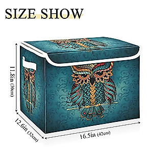 DOMIKING Blue Owl Large Storage Bin with Lid Collapsible Shelf Baskets Box with Handles Toys Organizer for Clothes Toy Gift Storage