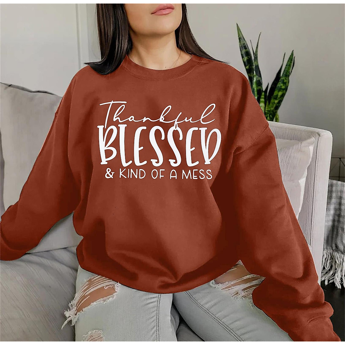 VILOVE Thankful Blessed and Kind Of a Mess Sweatshirt Women Thanksgiving Pullover Blessed Sweatshirt Oversized Tops Brown
