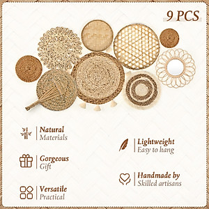 Set of 9 Wall Basket Decor Boho Wall Hanging Decor Rattan Wall Decor Flat Round Wicker Mirror Woven Macrame Tassels Tapestry Bamboo Wall Basket Handmade Serving Tray Art for Room Bedroom Living Room