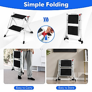 Goplus 2 Step Ladder, Lightweight Folding Step Stool with Anti-slip Pedals, Non-slip Foot Covers, Heavy Duty Metal Stepladder for Household, Kitchen, 330 LBS Weight Capacity, White & Black