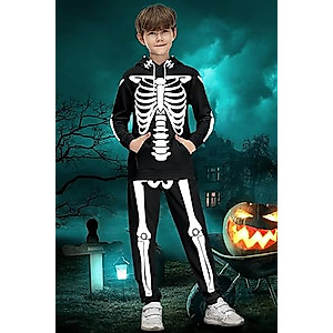 Girls Halloween Costume Bone Skeleton Skull Sweatshirt Hoodie Pant Set for Boys 9-10 Years