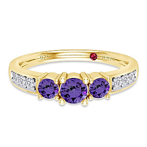 GEMVIO Collection 3 Stone Ring, Round Cut Natural Amethyst Gemstone & Natural Diamond Engagement Ring In 14K Yellow Gold Over Sterling Silver Anniversary Wedding Band Ring (0.40 Cttw)-6