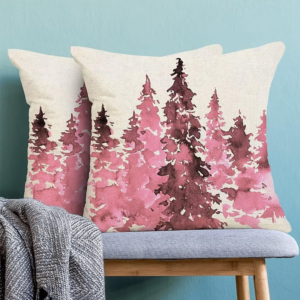 AEIOAE Christmas Pillow Covers 18 X 18 Inch Set of 2, Pink Christmas Trees Decoration Throw Pillow Covers Holiday Farmhouse Winter Pillowcase for Couch Home Sofa Indoor Outdoor Decor
