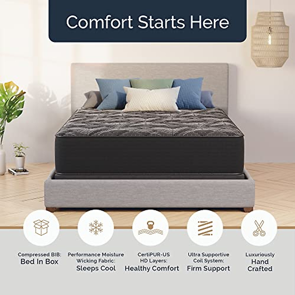 Loosh Queen Size 12" Extra Firm Mattress Moisture Wicking Fabric, Cool Sleep - Inner Spring System & High-Density Foam Layers for Support & Comfort - CertiPUR-US Certified, Bed in Box