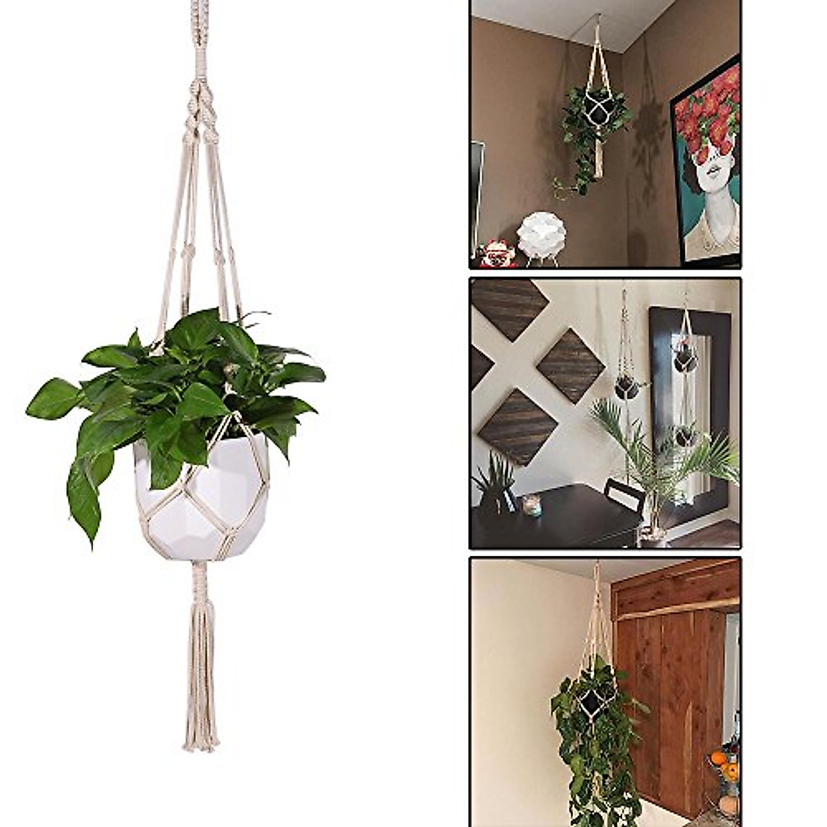 Wiwaplex Macrame Plant Hanger, 2 Pack Plant Hanger, Cotton Rope Plant Hangers Indoor Outdoor, 4 Legs Plant Hanger Brackets, Flower Pot Hanging Plant Holder for Home Decorations (White) (40 Inch)
