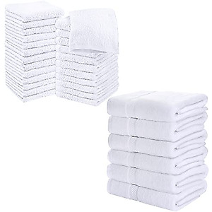Utopia Towels Premium Bundle - 1 Cotton Washcloths White (12x12 inches), Pack of 24 with 1 Medium Cotton Towels, White, (24 x 48 Inches), Pack of 6