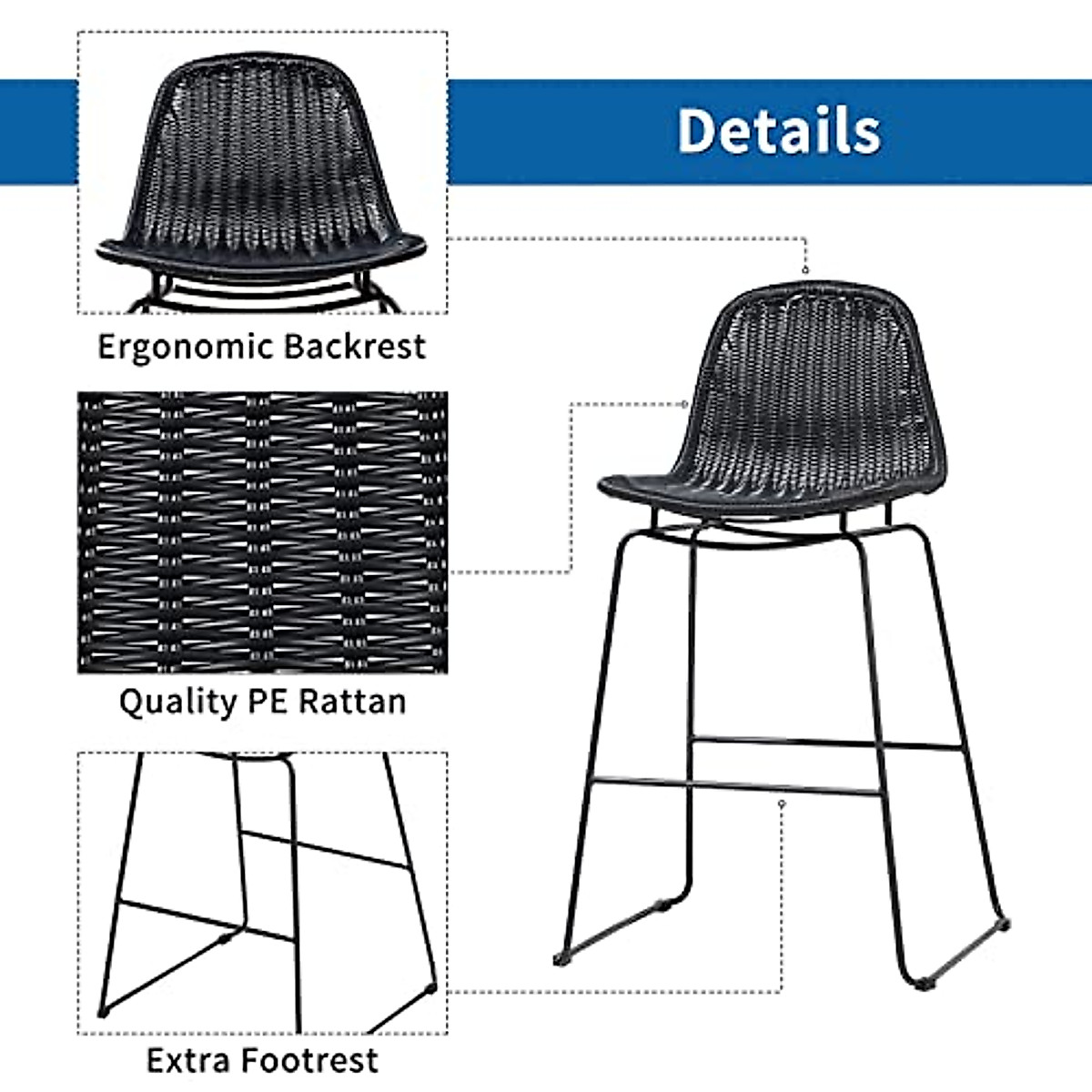 Verano Garden Patio Bar Stools Set of 4, Outdoor Wicker Bar Stools with Back Footrest, All-Weather Metal Frame for Garden Poolside Lawn Backyard