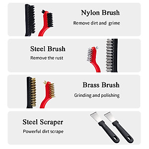 Small Wire Brush Set,8 Packed Heavy Duty Metal Scraper and Brass/Stainless Steel/Nylon Wire Brushes for Cleaning Rust,Welding Slag,Paint and Dust
