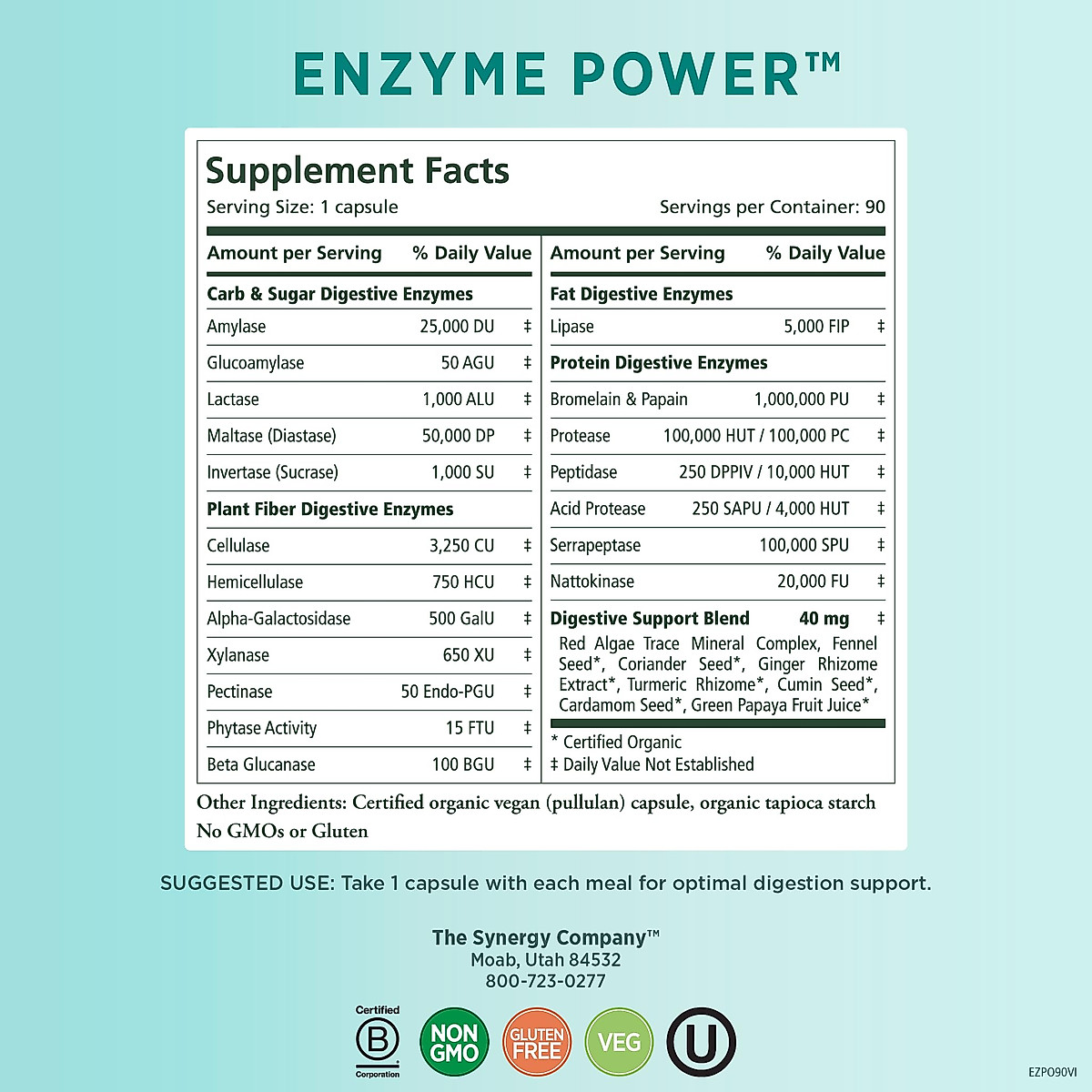 PURE SYNERGY Enzyme Power | Digestive Enzyme Supplement | Digestive Health Enzymes with Nattokinase, Bromelain, and Serrapeptase | for Digestive and Gut Health (90 Capsules)