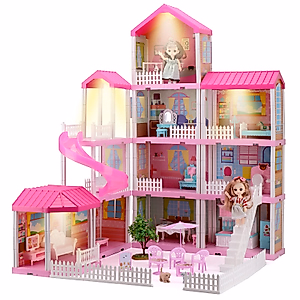 HCFJEH Dollhouse Play House for Girl, Doll House with Lights & Two Dolls & Furniture Accessories, Toddler DIY Princess House Playhouse Pretend Set Toy, Birthday Gift for 3 4 5 6 7 Year Old(11 Room)