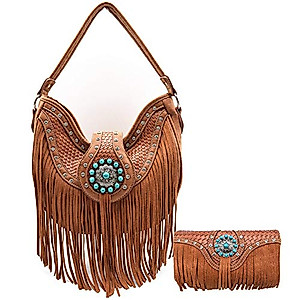 Western Style Fringe Conchos Leather Concealed Carry Purse Country Handbag Women Shoulder Bag Wallet Set (Brown)